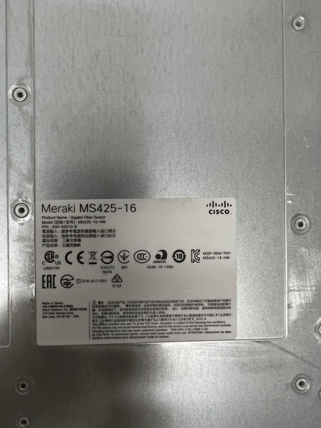 Cisco Meraki MS425-16-HW 16-Port 10Gb SFP+ Gigabit Fiber Switch 600-45 ...