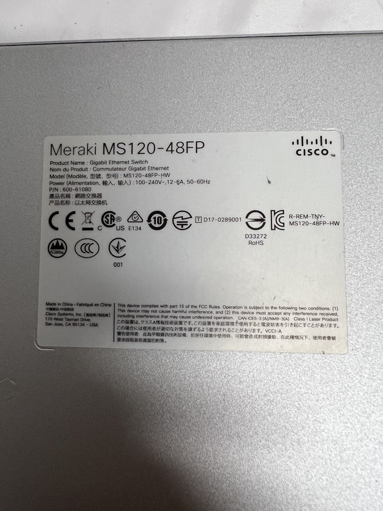 Cisco Meraki MS120-48FP PoE+ Gigabit switch 600-61080 Unclaimed ...