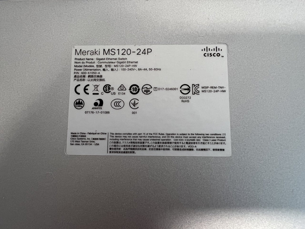 Cisco Meraki MS120-24P-HW 24-Ports Ethernet PoE Switch 600-61050-A Unc ...