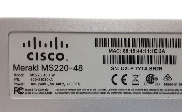 Cisco Meraki MS220-48-HW 48 Port Gigabit Ethernet Switch +4 SFP Ports ...