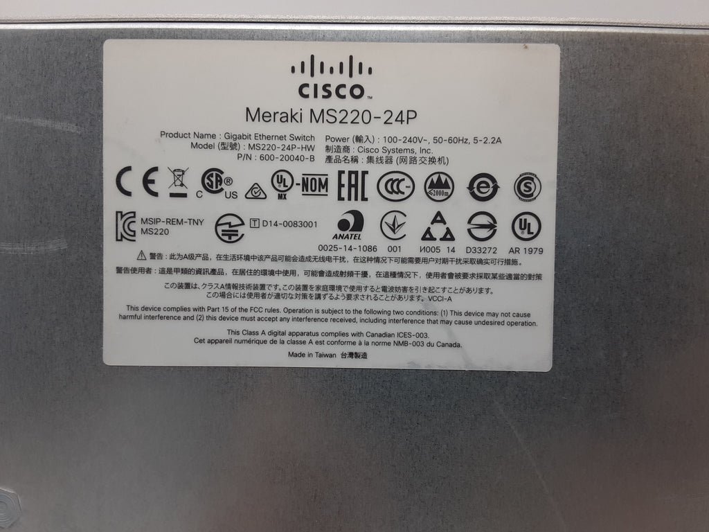 Cisco Meraki MS220-24P-HW Cloud Managed 24-Port PoE Switch 600-20040-B ...